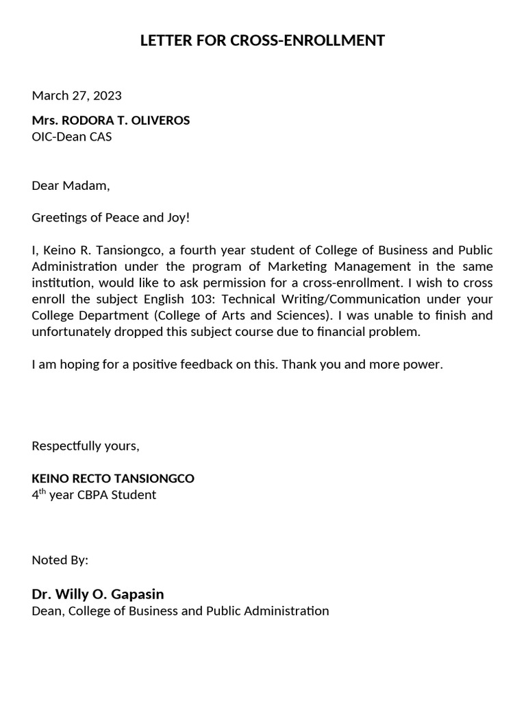 Letter For Cross-Enrollment | PDF