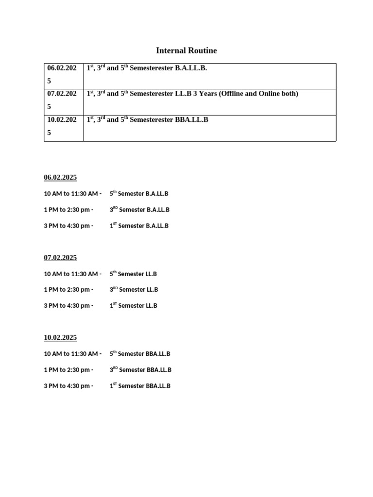 Internal Routine 2025 | PDF