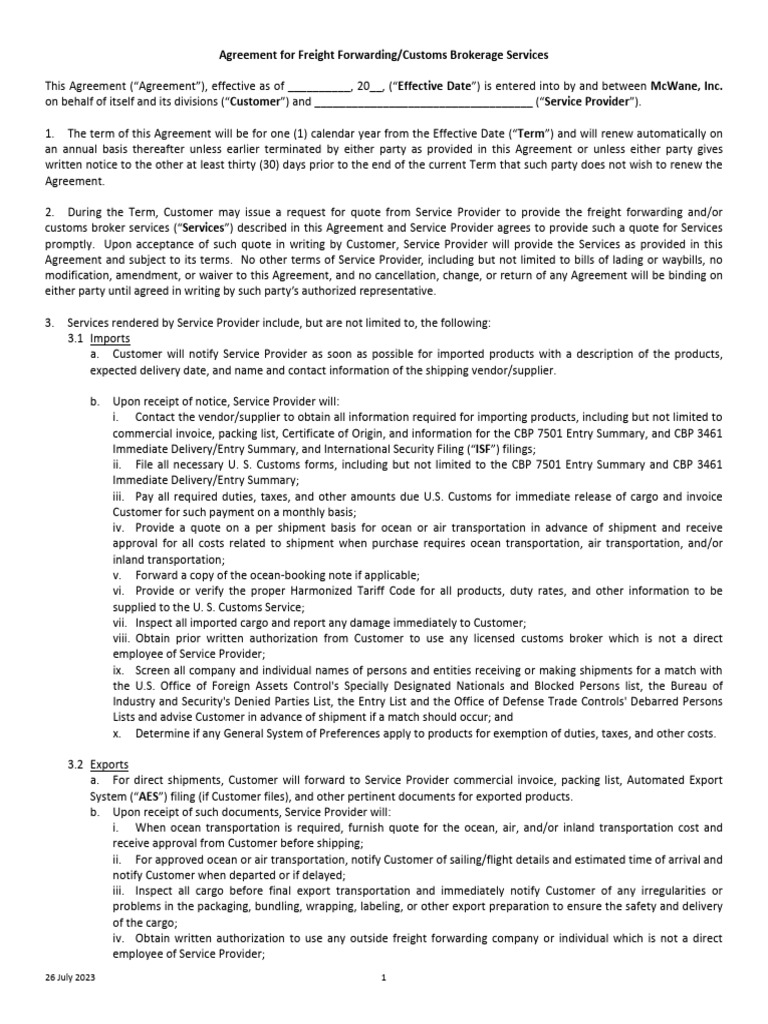 Mcwane Inc Form Agreement for Freight Forwarding Customs Brokerage ...