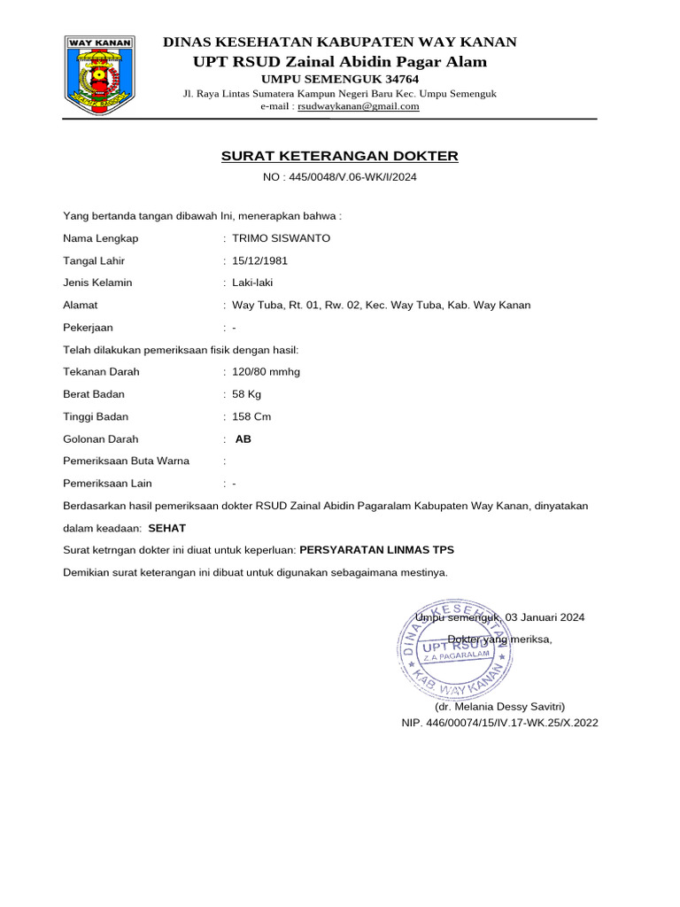 Surat Keterangan Sehat RSUD Way Kanan | PDF