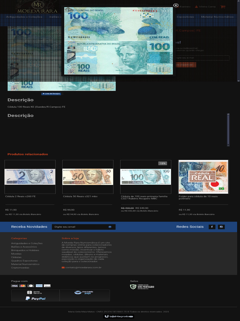 Cédula 100 Reais KE Guedes R Campos FE MoedaRara Numismática | PDF | Numismática | Dinheiro