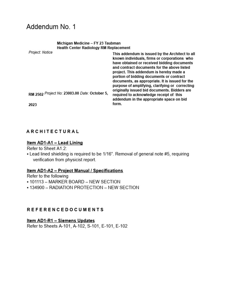 23003.00 - MM FY23 Taubman RM 2502 Radiology Replacement - Addendum01 - Narrative | PDF