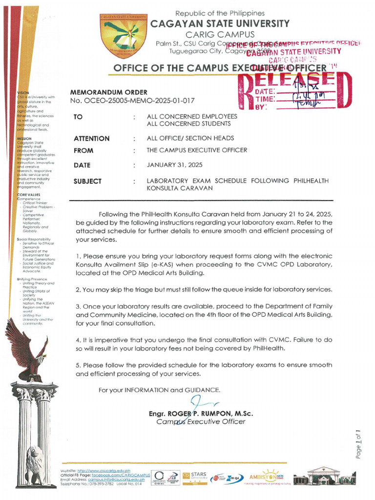 Memorandum Order No. Oceo 25005 Memo 2025 01 017 Laboratory Exam ...
