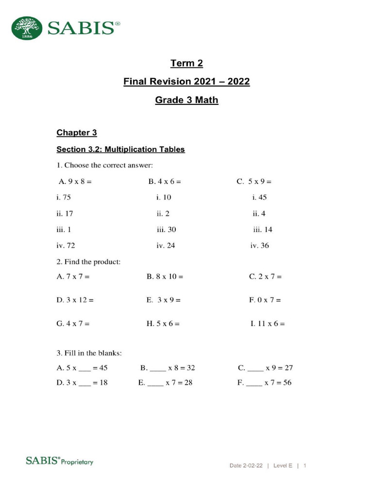 2122 Term 2 Grade 3 Math Revision Sheet | PDF