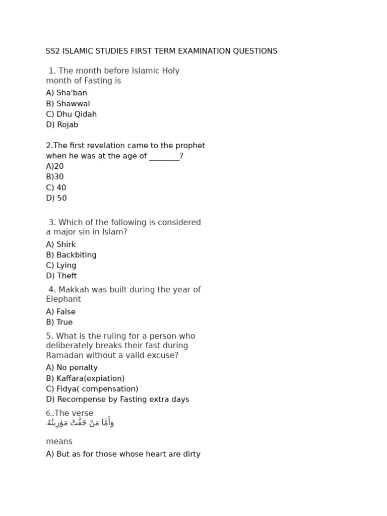 SS2 Islamic Studies Exam Questions | PDF | Mecca | Hajj