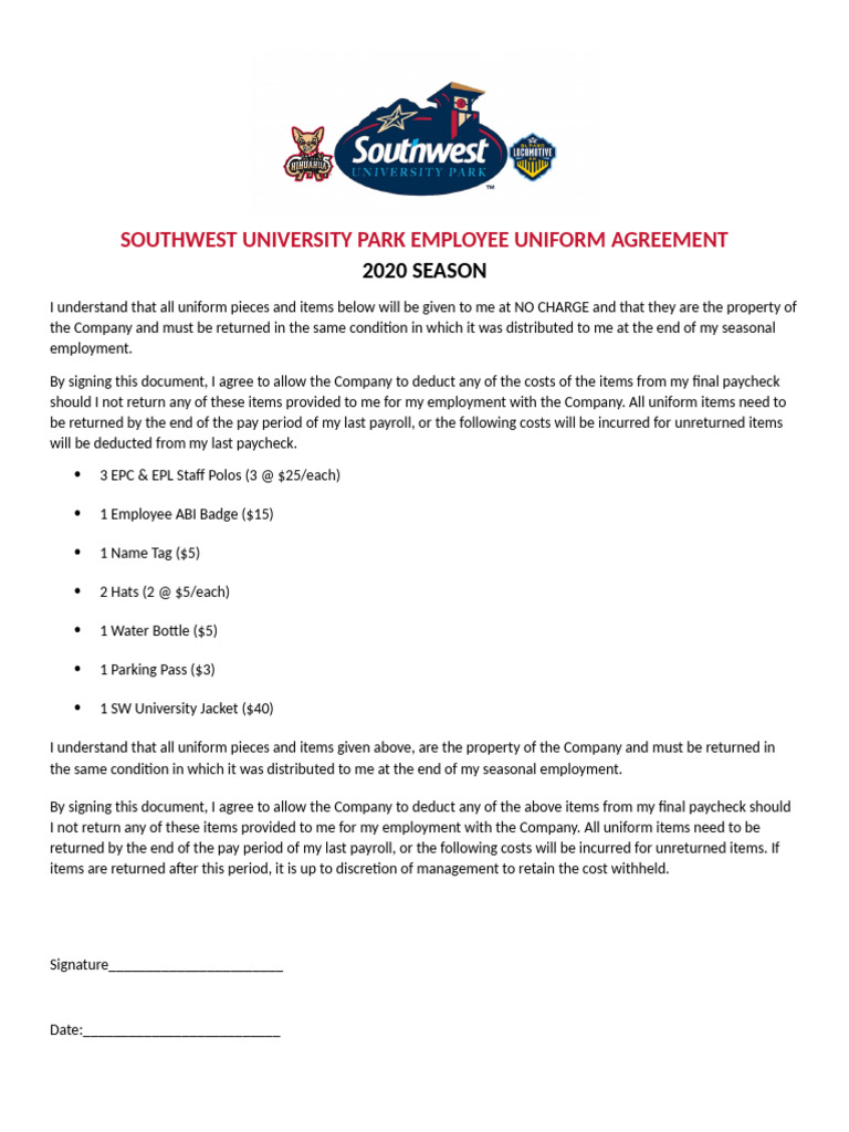 Southwest+University+Park+Employee+Uniform+Agreement | PDF