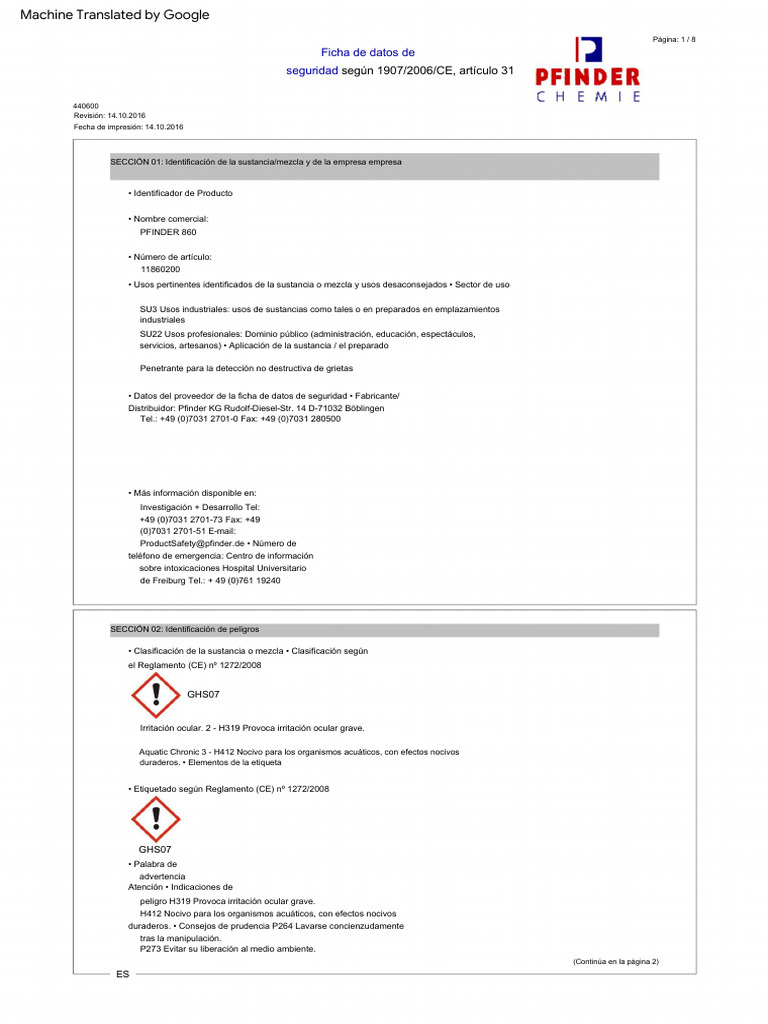 MSDS Pfinder 860 Tinte Penetrante | PDF | Residuos | Gestión de residuos