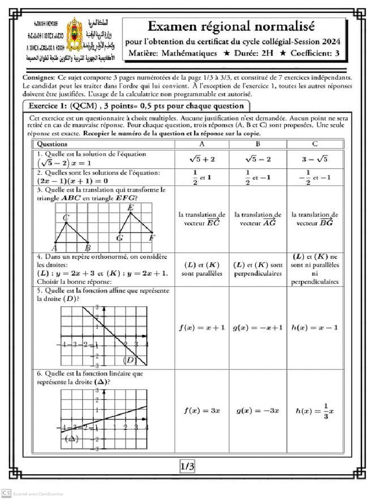 Examen Regional Mathematiques 3APIC Tanger - 2024 | PDF