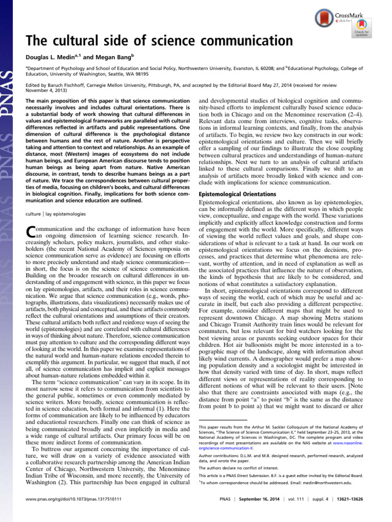 Medin Bang 2014 The Cultural Side of Science Communication | PDF | Epistemology | Science