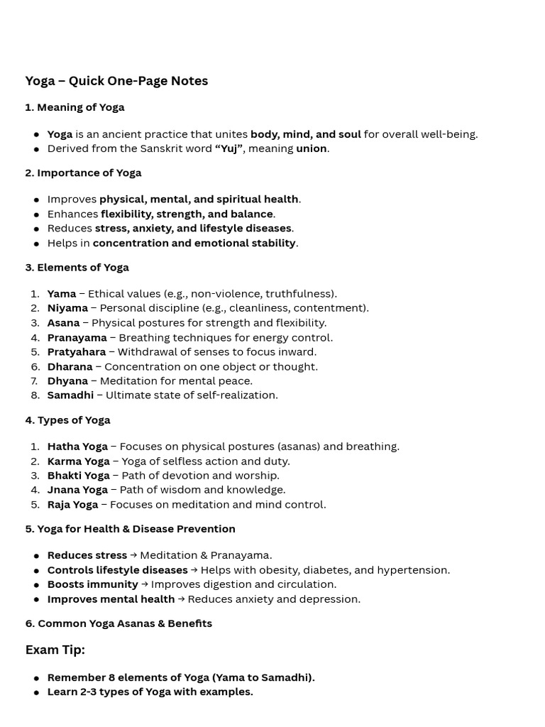 Yoga - Quick One-Page Notes | PDF