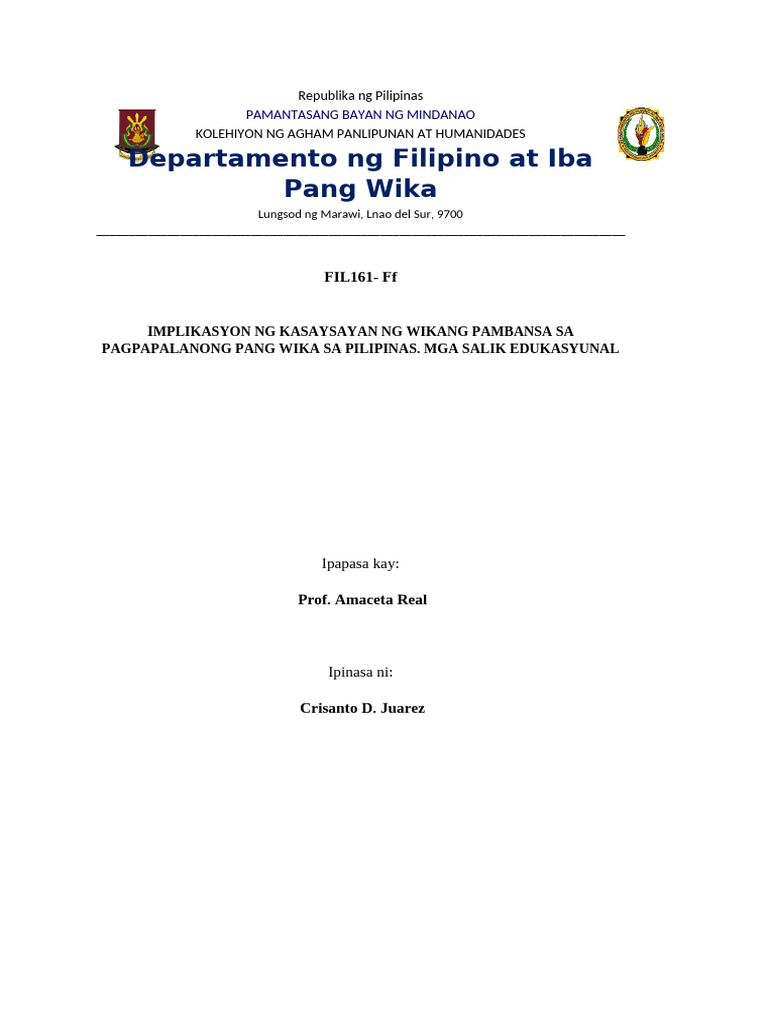 Filipinolohiya Fil161 | PDF
