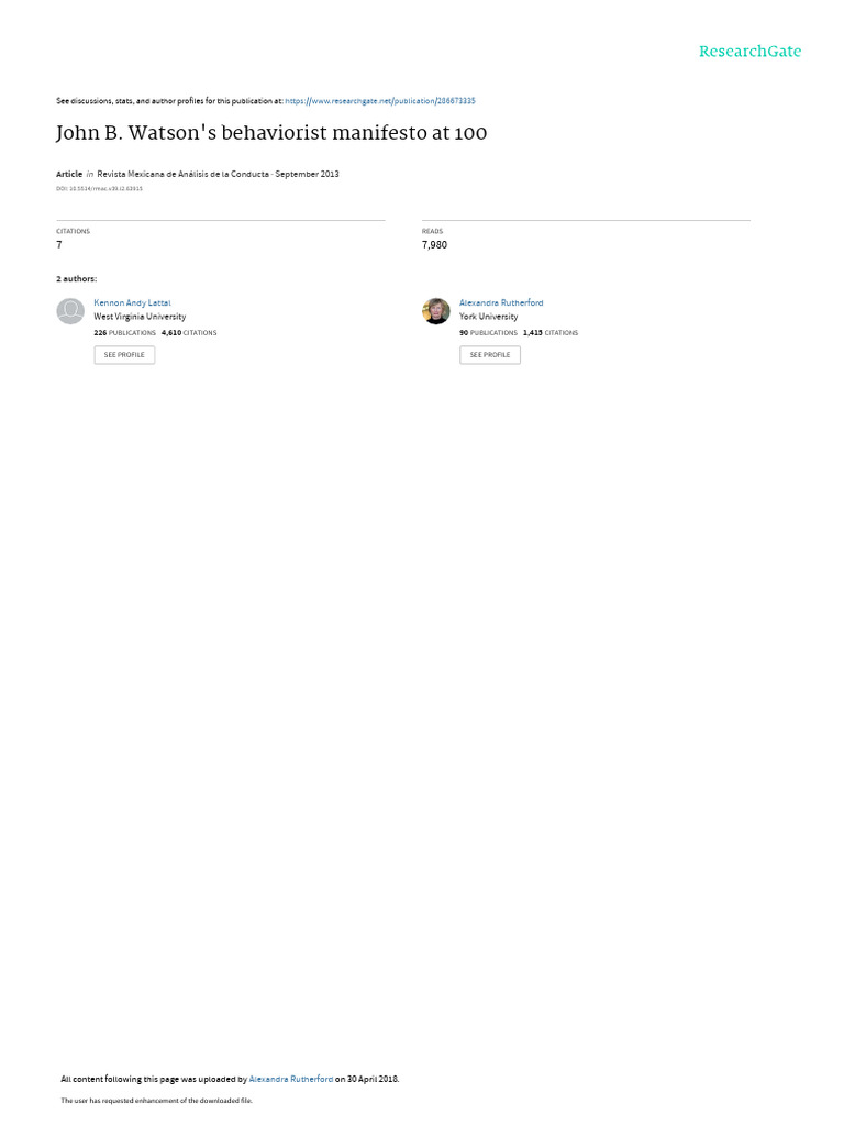 John B Watsons Behaviorist Manifesto at 100 | PDF | Behaviorism | Psychology