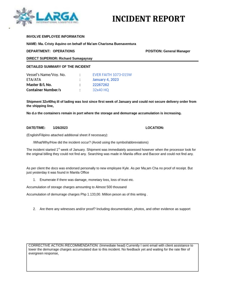 Pilmico Incident Report | PDF