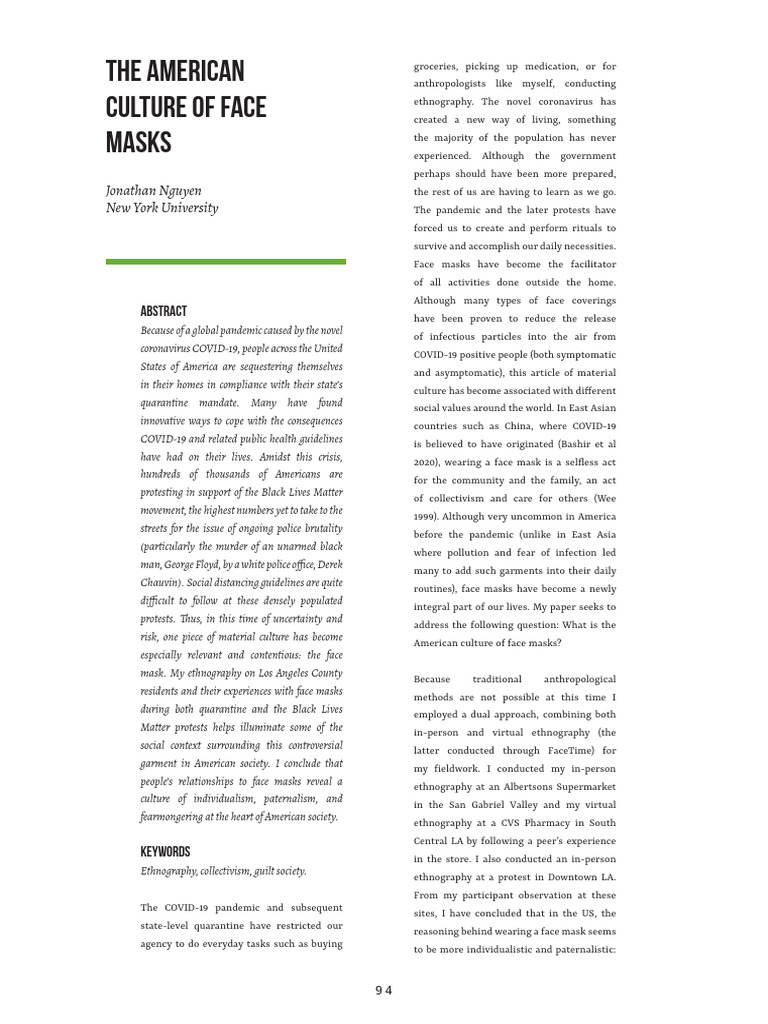 Student Anthropologist - 2020 - Nguyen - The American Culture of Face Masks | PDF