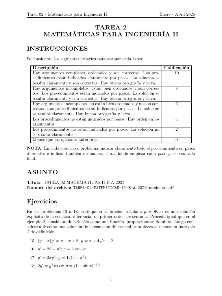 Tarea 02b Matematicas Ngenieria II Enero Abril Latex 2025 | PDF | Ecuaciones | Análisis matemático
