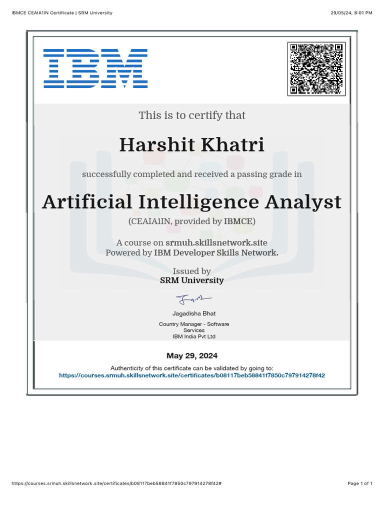 IBMCE AI Analyst Certificate - SRM University | PDF