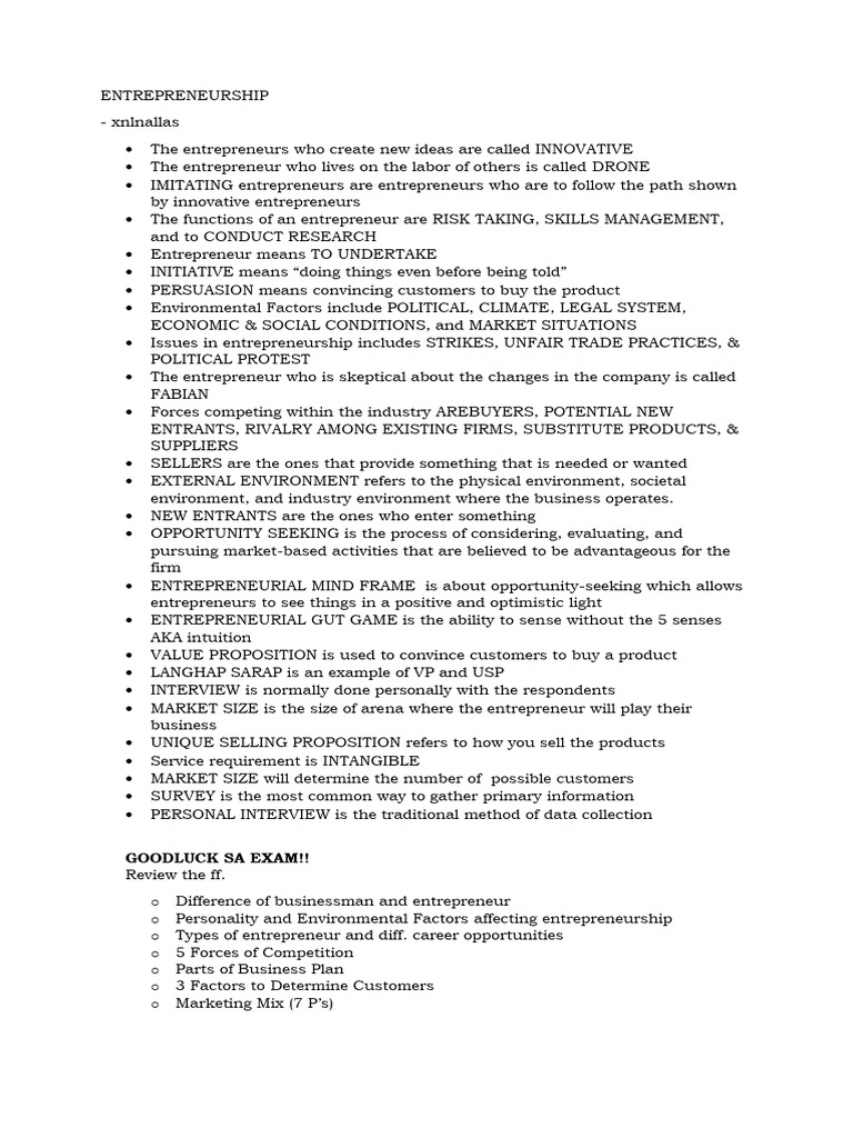 Entrep Exam Reviewer Xnlnallas | PDF | Entrepreneurship | Private Sector
