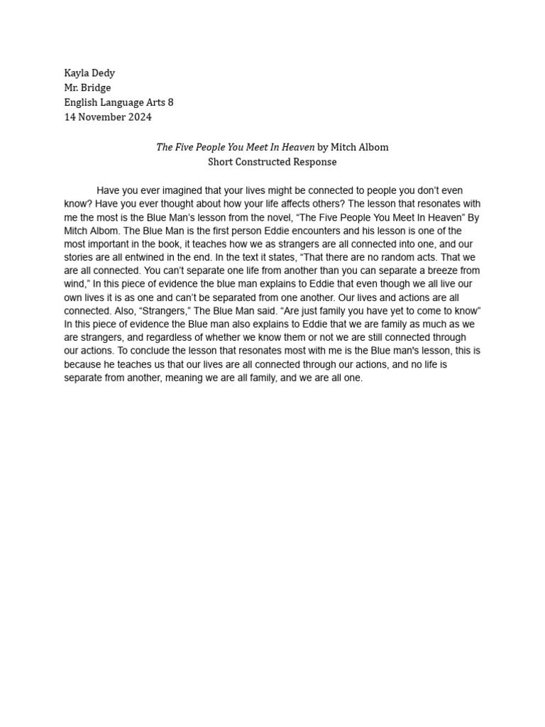 Kayla Dedy - The Five People You Meet in Heaven Short Construction ...