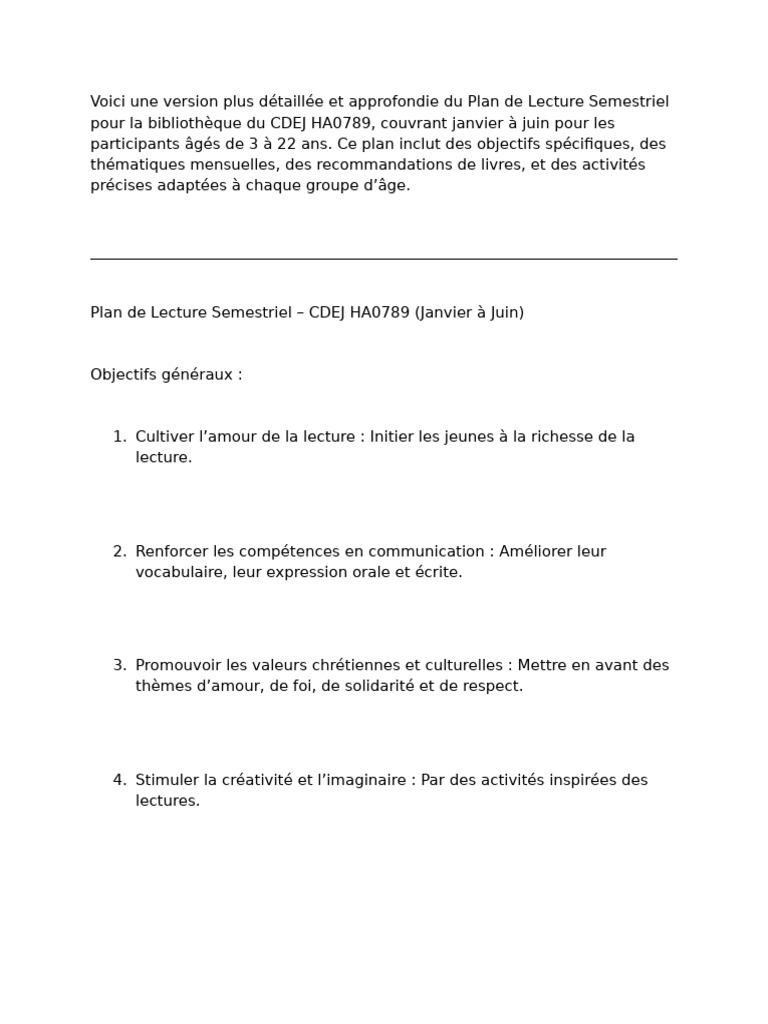 Plan de Lecture Semestriel CDEJ HA0789 | PDF | Romans