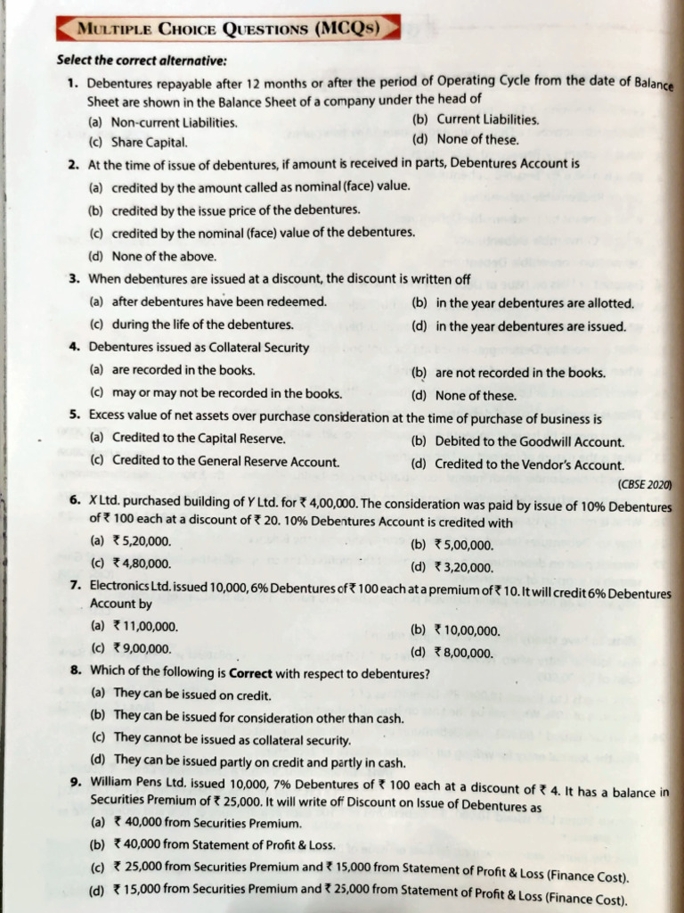 MCQs of Debentures | PDF | Finance & Money Management | Credit