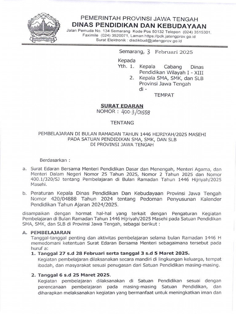 Surat Edaran Pembelajaran Di Bulan Ramadan Tahun 2025 | PDF