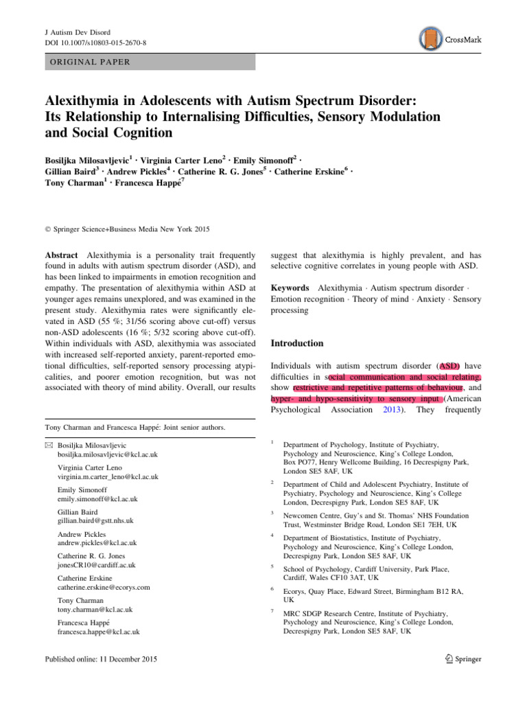 Alexithymia In Adolescents With Autism Spectrum Disorder Its