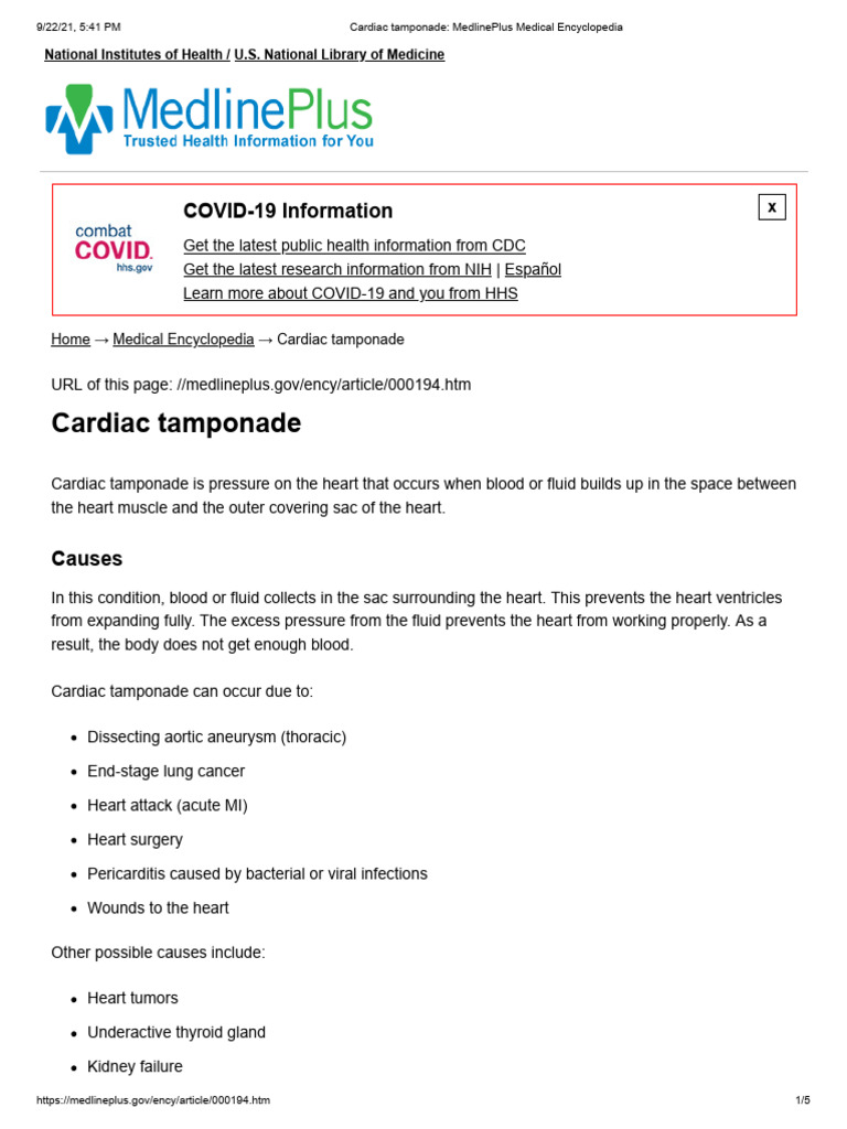 Cardiac Tamponade - MedlinePlus Medical Encyclopedia | PDF | Heart ...