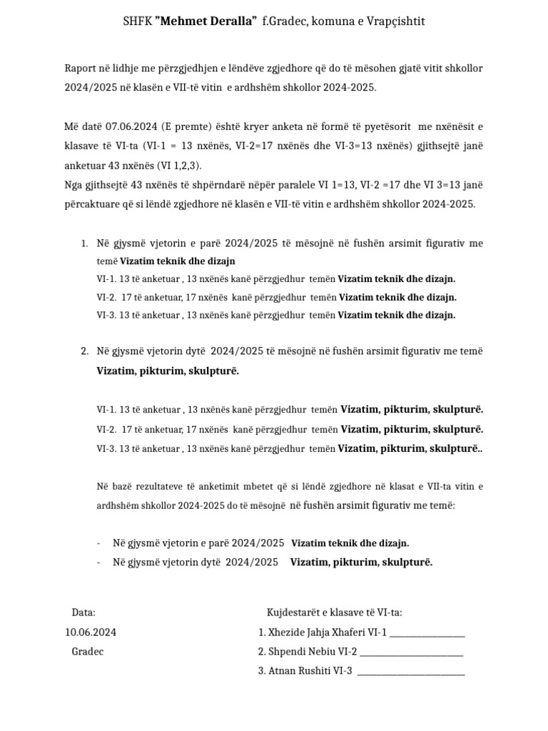 Raport Lënde Zgjedhore 2024-2025 | PDF