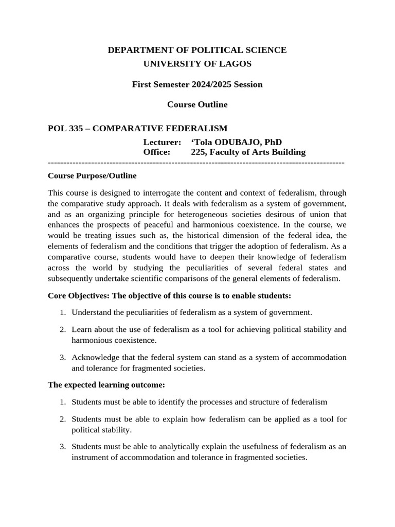 Comparative Federalism Undergraduate Course Outline | PDF | Federalism ...