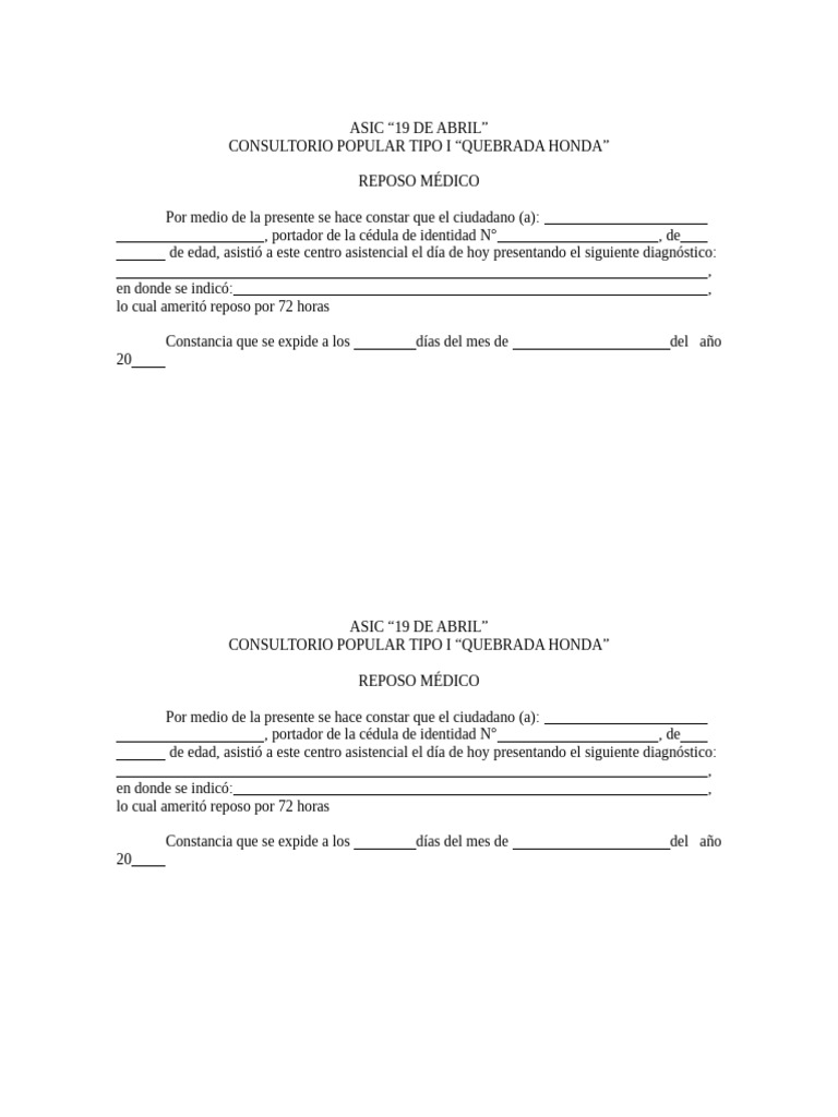 Formato Reposo Medico Ambulatorio | PDF