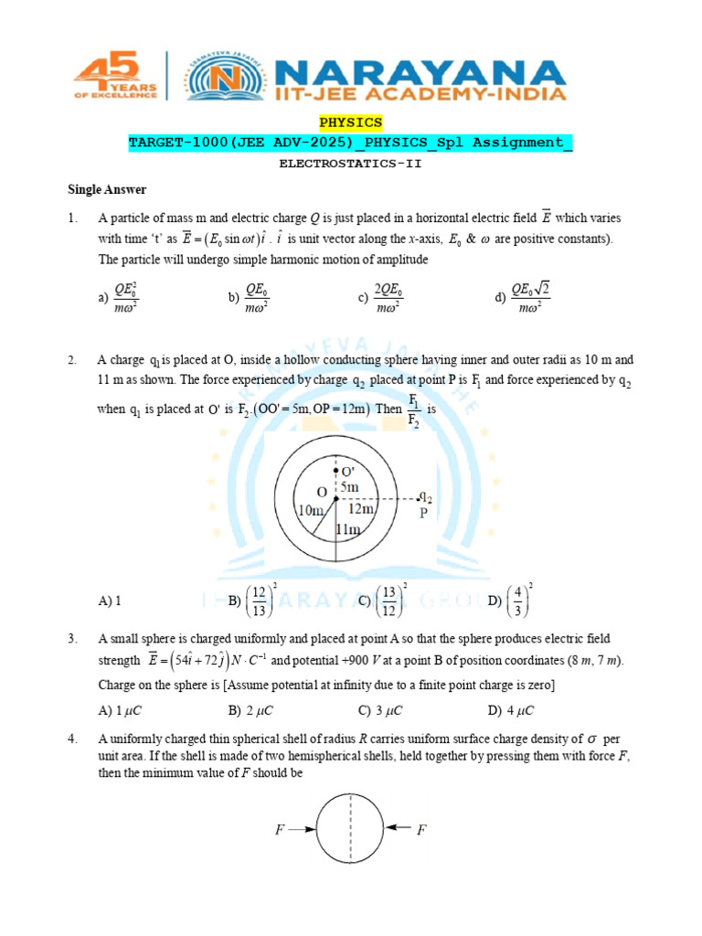 07-02-2025 TARGET-1000 (JEE ADV-2025) PHYSICS SPL Assignment Electrostatics-II | PDF | Electric ...