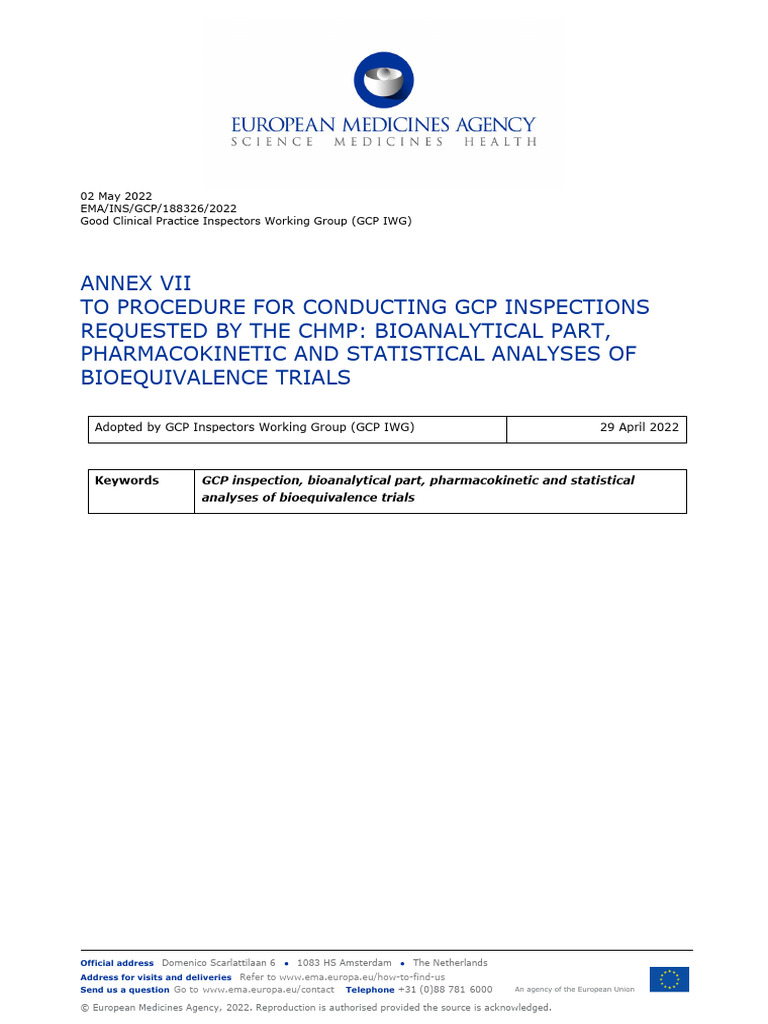 Annex VII Procedure Conducting GCP Inspections Requested CHMP Bioanalytical Part Pharmacokinetic ...