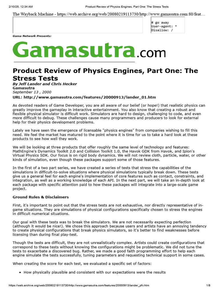 Product Review of Physics Engines, Part One - The Stress Tests | PDF ...