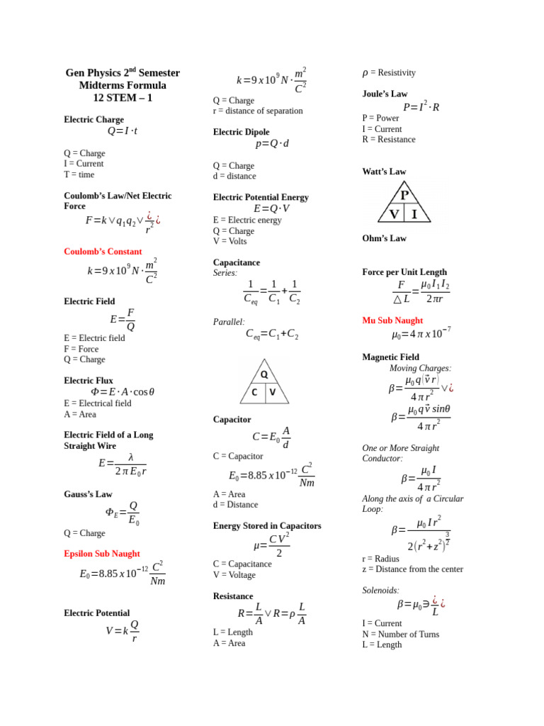 Gen Physics 2nd Semester Formula Sheet | PDF | Electricity | Capacitor