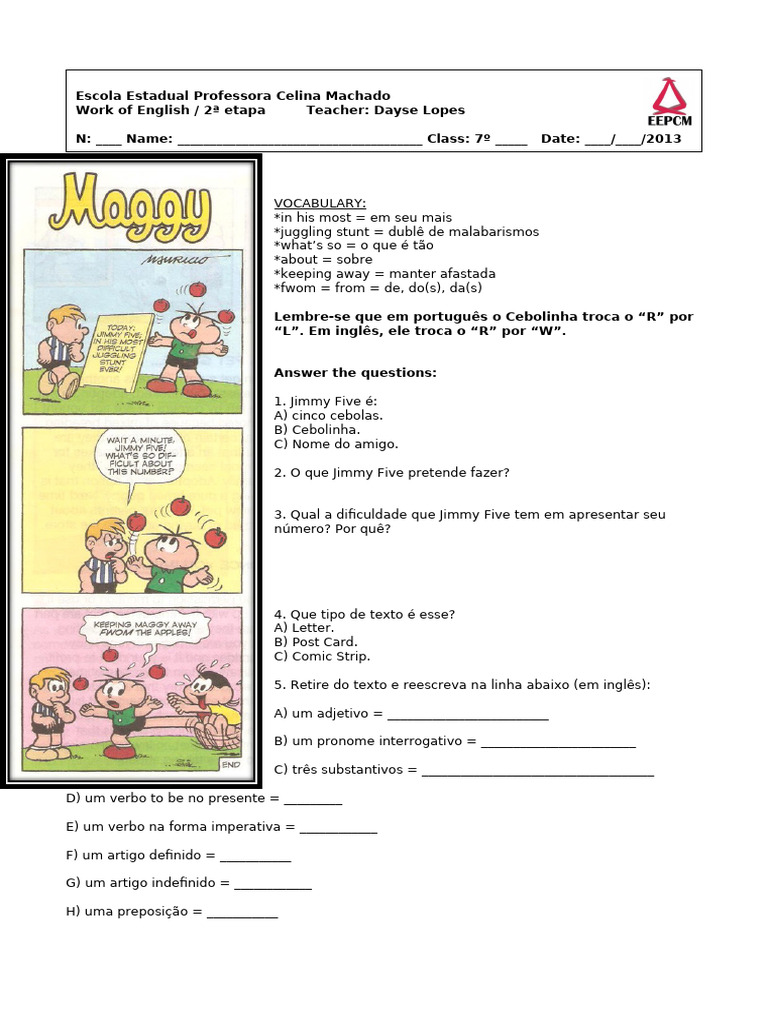 Comic Strip - Reading Comprehension 7º Ano | PDF