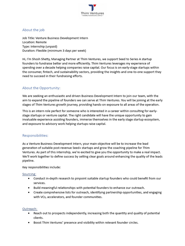 Venture Business Development Internship | PDF | Startup Company | Small ...