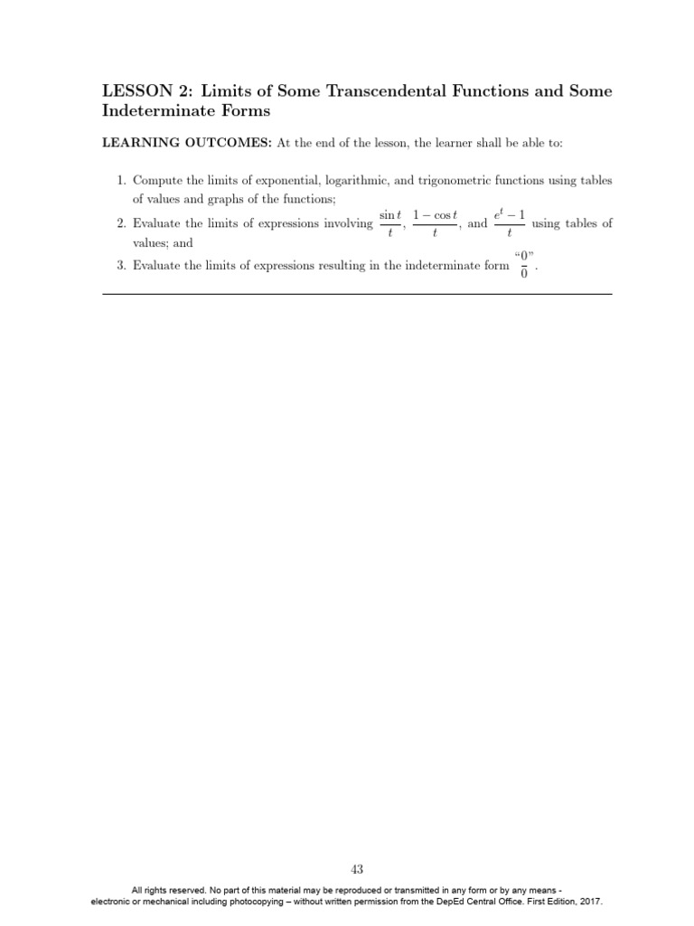 Basic Calculus Lesson 2.1 Limits of Some Transcendental Functions | PDF ...