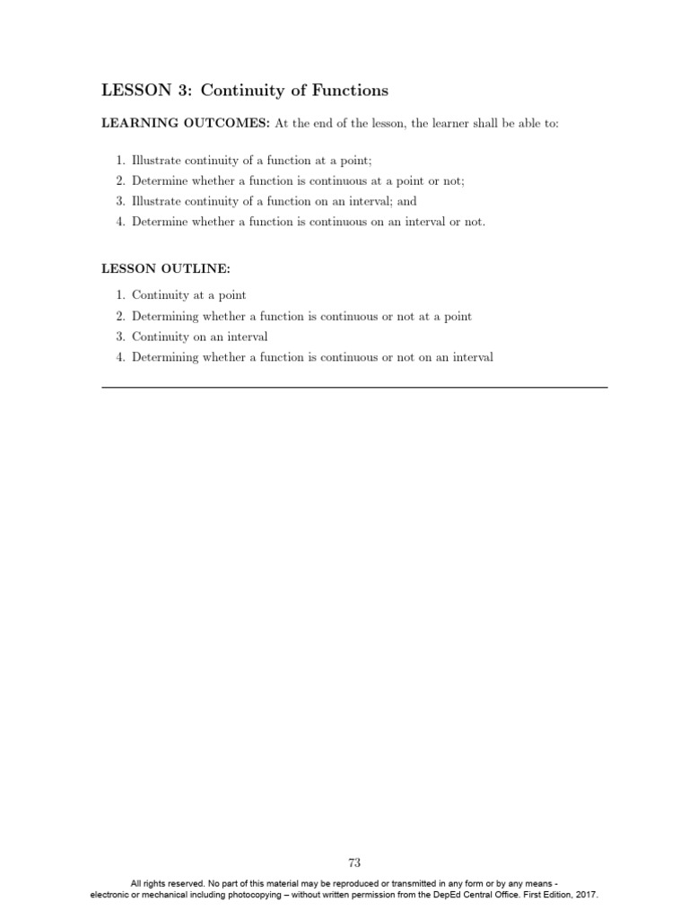 Basic Calculus Lesson 3.1 Continuity at A Point | PDF | Continuous Function | Function (Mathematics)