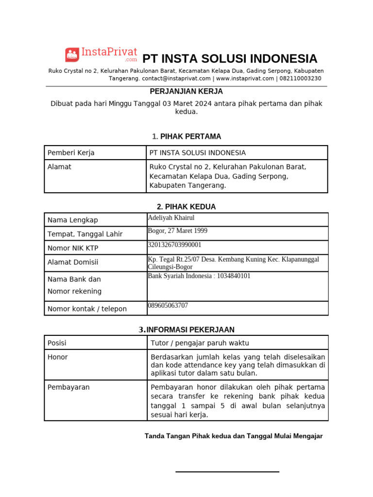 Tutor Agreement - Surat Perjanjian | PDF