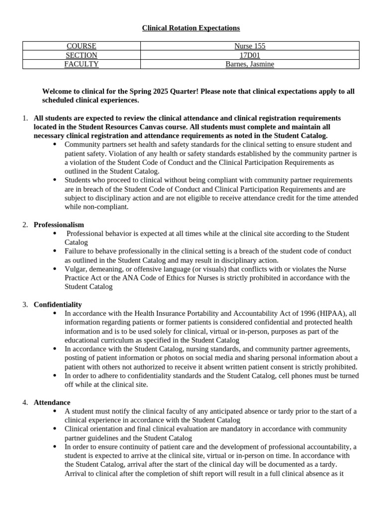 Clinical Expectations Spring 2025 | PDF | Health Care