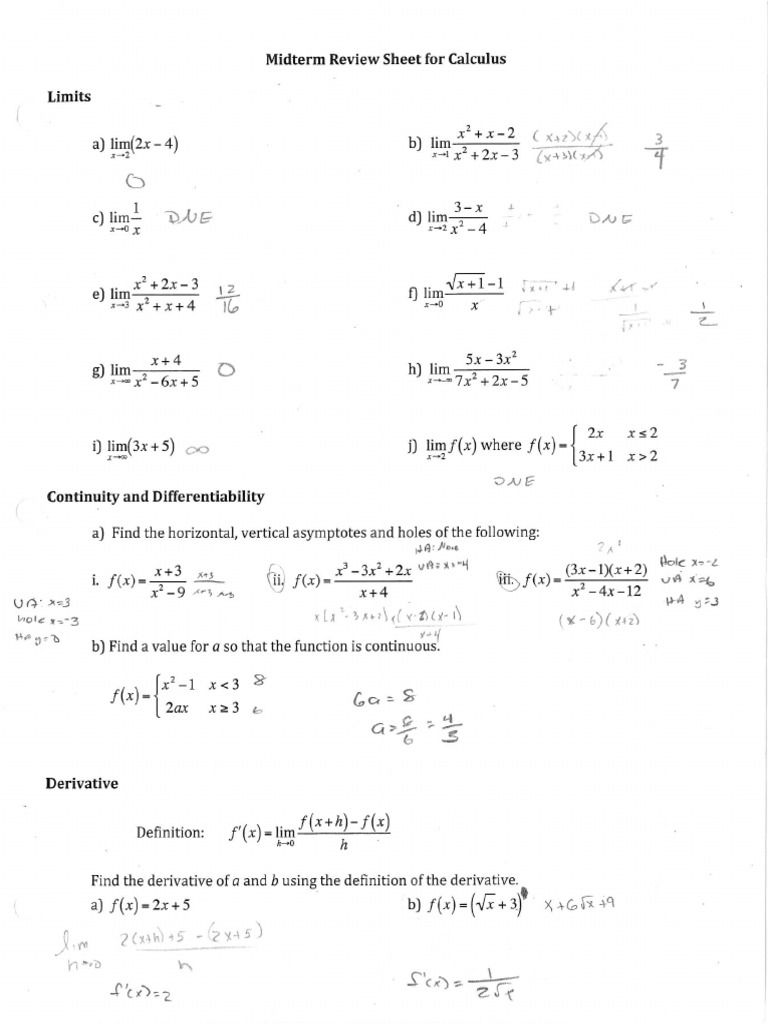 Midterm Rev Sheet For Calc KEY | PDF