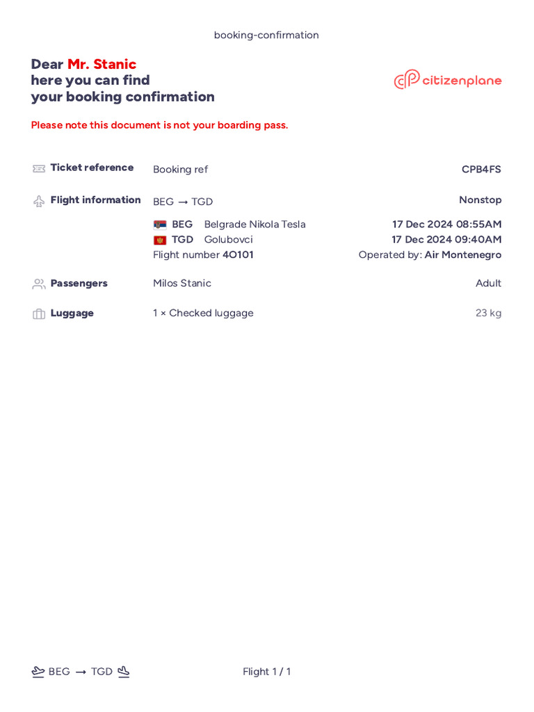 Flight Booking Confirmation 2024 | PDF
