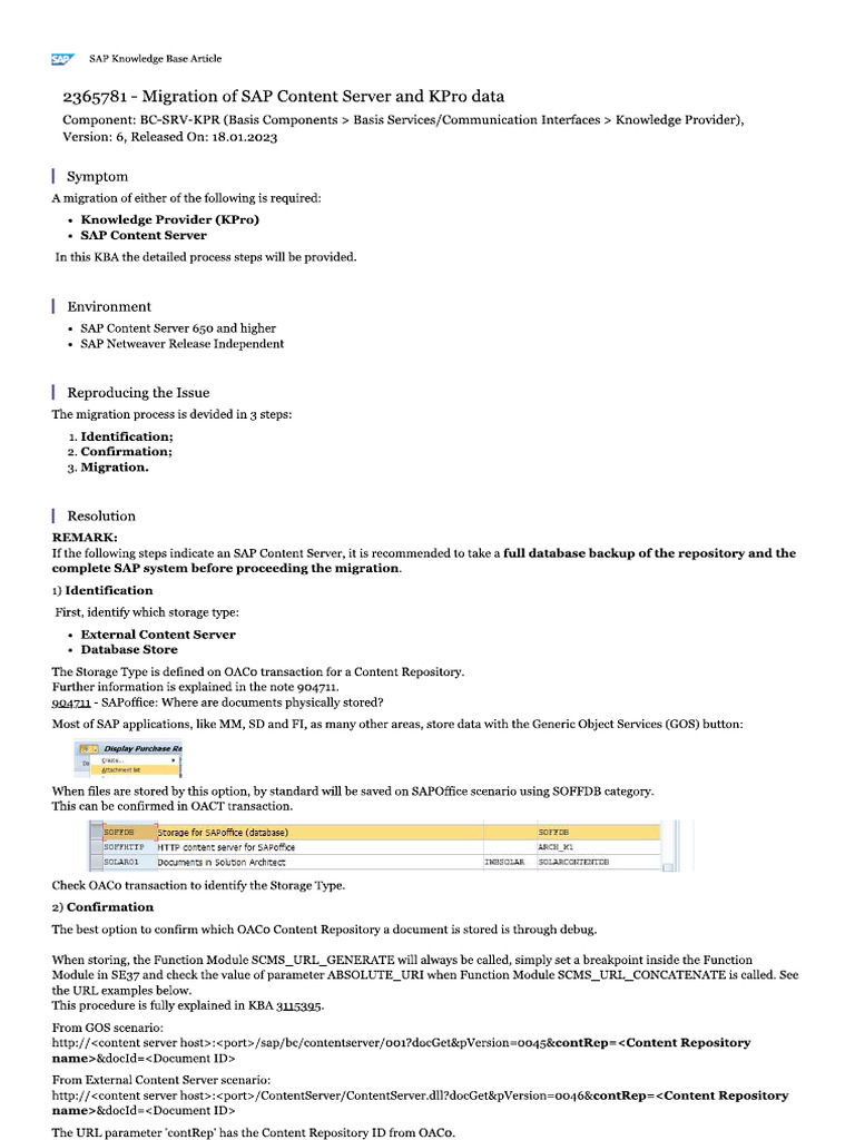 Migration of SAP Content Server and KPro Data | PDF