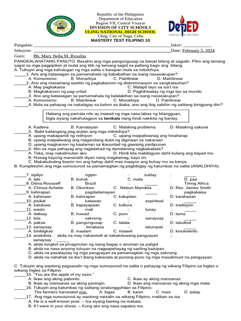 Filipino 10 Mastery Test | PDF