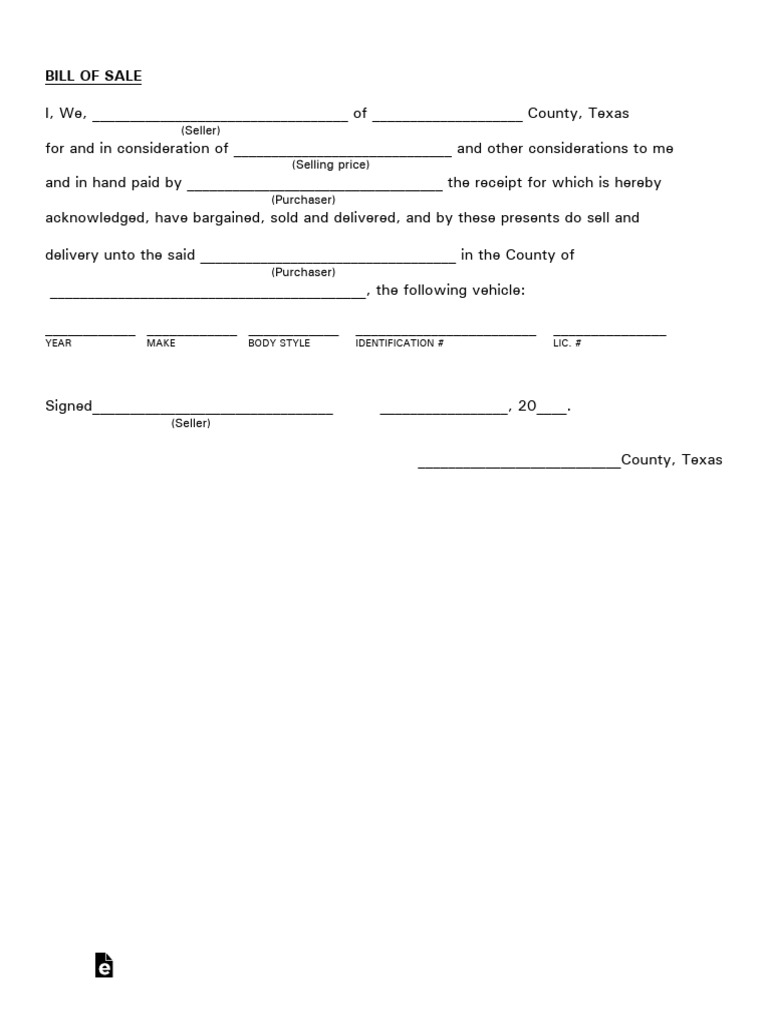 Texas Vehicle Bill of Sale Template | PDF