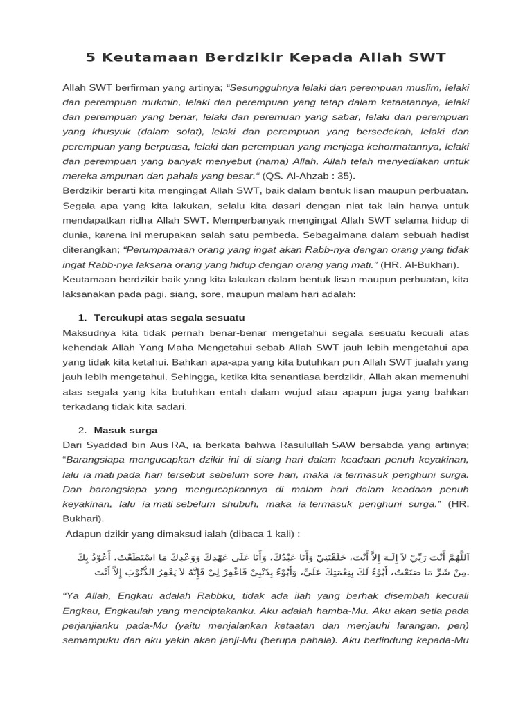 5 Keutamaan Berdzikir kepada Allah SWT | PDF