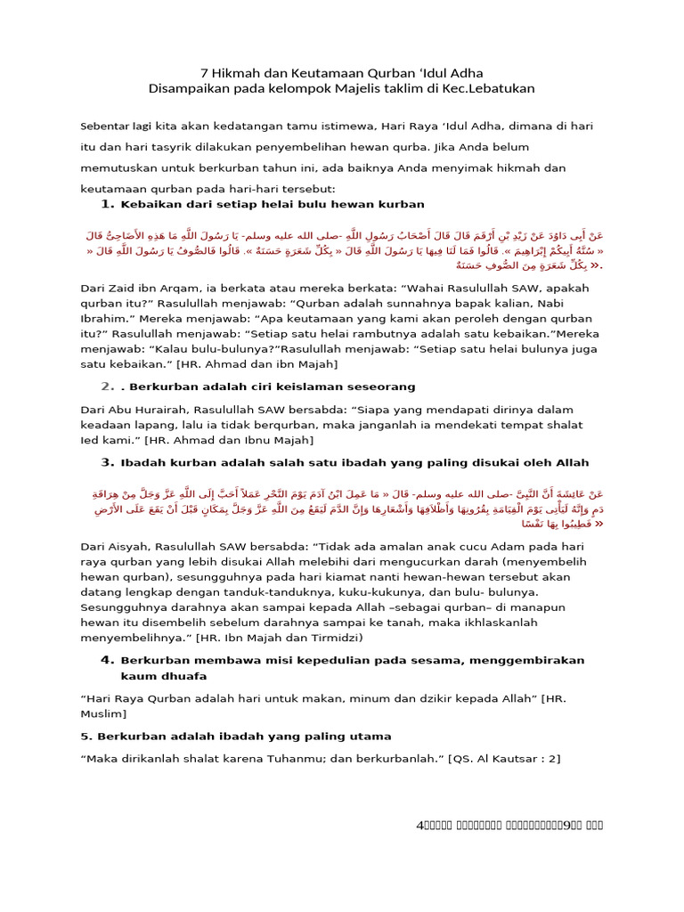 7 Hikmah Dan Keutamaan Qurban | PDF