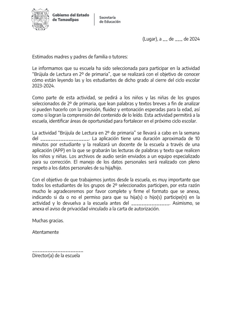 Carta Padres Brújula de Lectura | PDF