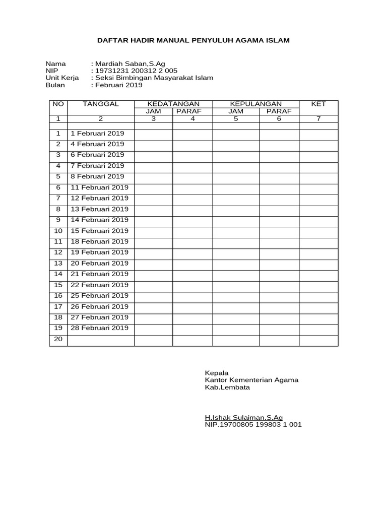 Absensi Hadir Manual Pai 2019 | PDF