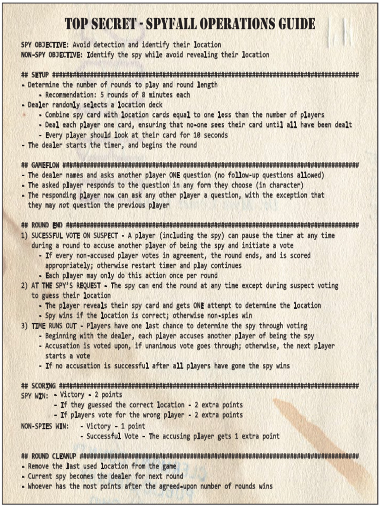 Spyfall Operations Guide | PDF | Games Of Mental Skill | Tabletop Games